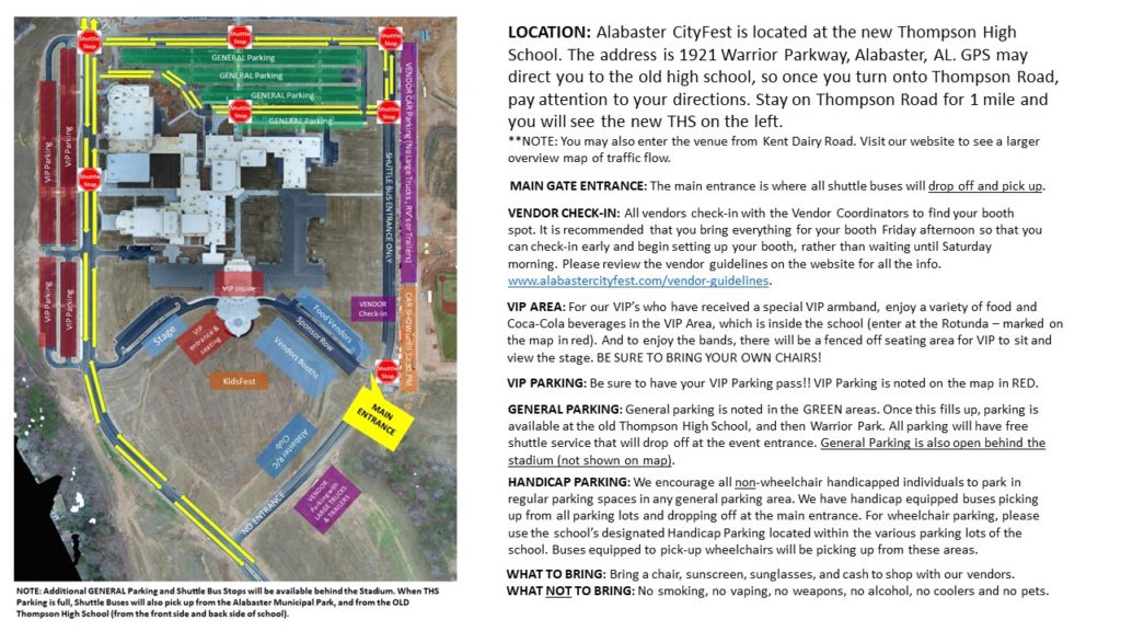 Welcome Visitors to Alabaster CityFest, General Info & Directions Here